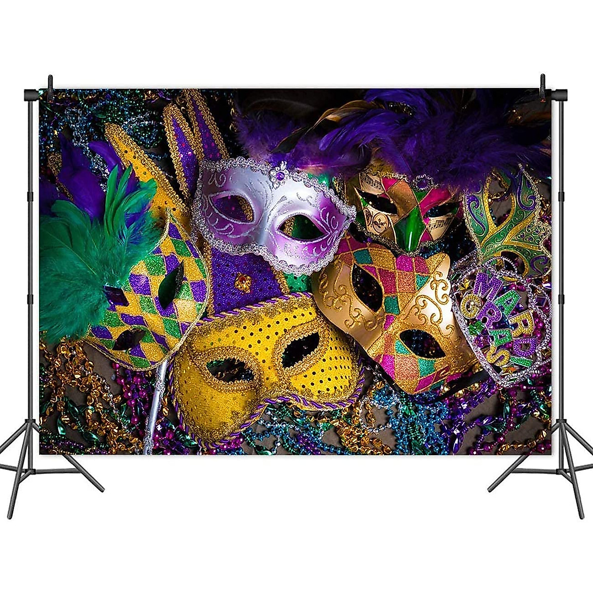 Mardi Gras Beads Photography Backdrop for Mask Prom Dance Decorations Gold Green Purple for Carnival Masquerade Ball Birthday Party Banner Supplies Photo Background Vinyl 5x3ft Photo Booth Props
