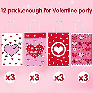 MISS FANTASY Valentine Gift Bags 12 Pack Valentine Day Gift Bags for Kids Party Valentine Paper Goodie Bags Valentine Cookie Candy Bags with Handles for Valentine Party Supplies
