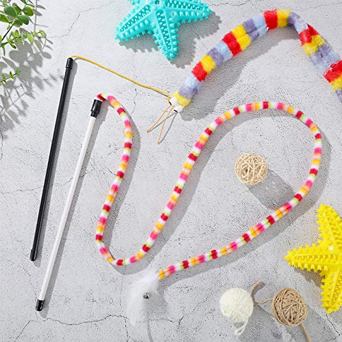 6 Pieces Cat Toys Interactive Cat Wand Toys with Feather and Bell Safe Cat Teaser Catcher Stick Toy Colorful and Sounding Christmas Wand Toys for Cats Kittens Training Pets Exerciser