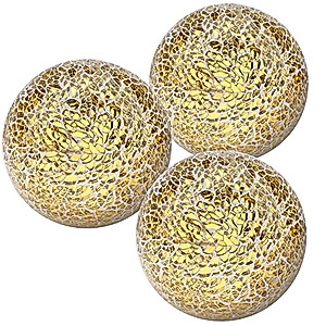 Kepfire 3Pcs Mosaic Glass Sphere 3.15 Inch Round Crackl Orbs for Bowls Vases Dining Table Centerpiece Home Decoration - Gold