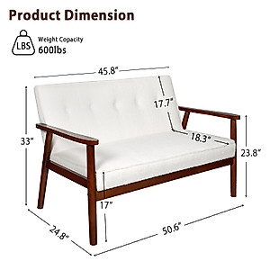 JIASTING Mid Century Modern 2 Seat Sofa Couch with Wood Arms, Small Love Seat Sofa Couches for Small Spaces, Small Loveseat Couch for Bedroom, Office, Living Room, Waiting Room (White)