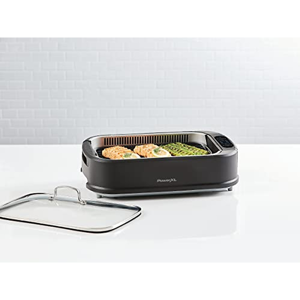 Power XL Smokeless Electric Indoor Removable Grill and Griddle Plates, Nonstick Cooking Surfaces, Glass Lid, 1500 Watt, 21X 15.4X 8.1, black