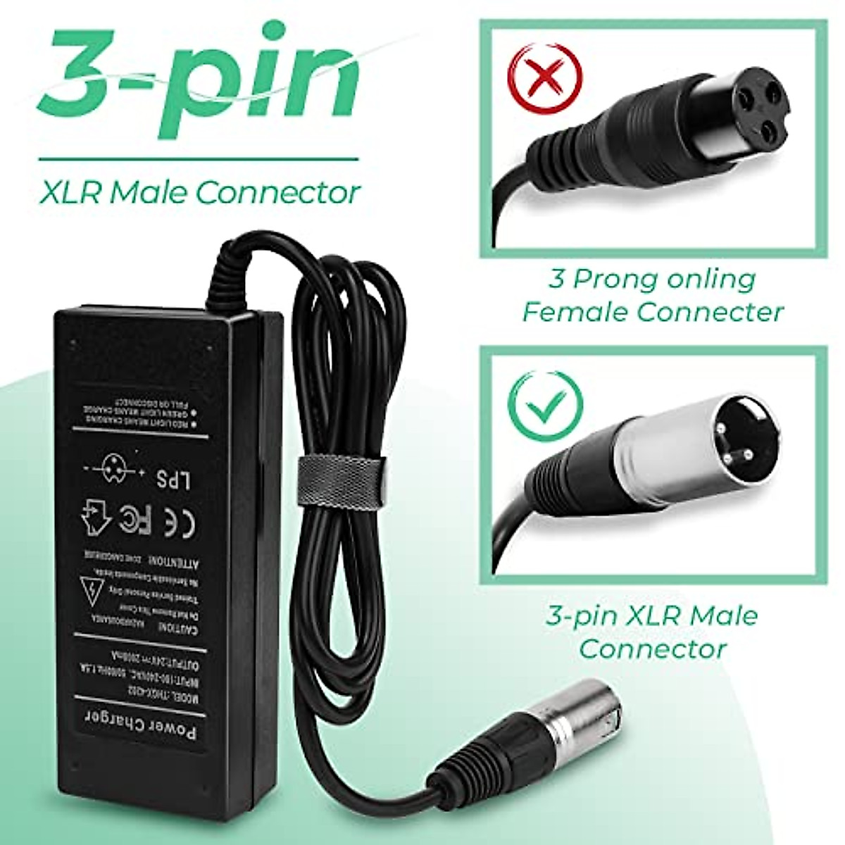 24V 2A 3-Pin XLR Connector Electronic Scooter Battery Charger for Go-Go Elite Traveller,Pride Mobility,Jazzy Power Chair Battery Charger & Plus Ezip Mountain Trailz (with 3.9ft US Power Cord)