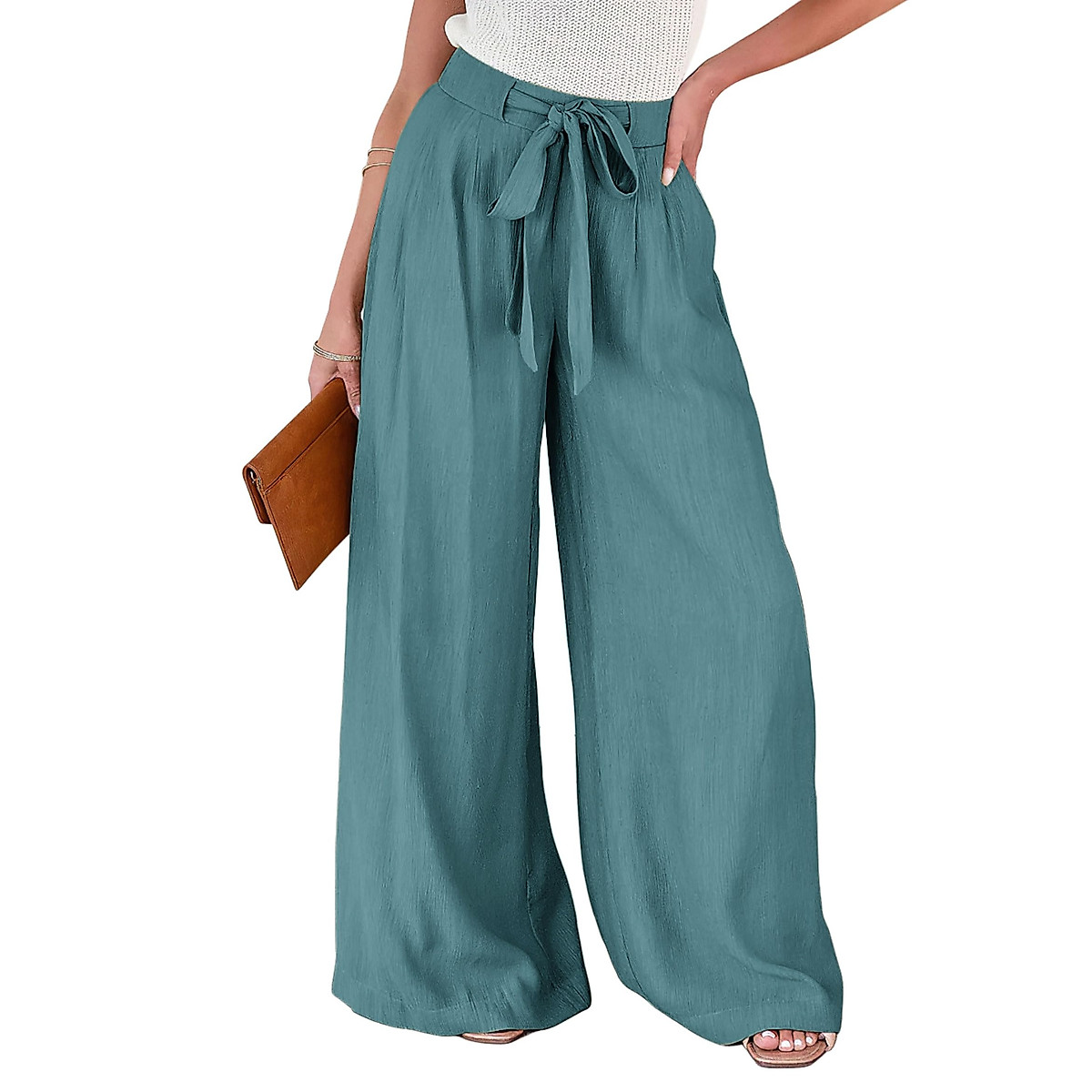 MUSIDORA Wide Leg Pants for Women High Waisted Drawstring Linen Travel Beach Pants Loose Flowy Slacks Trousers Stretchy Petite (Peacock Blue L)