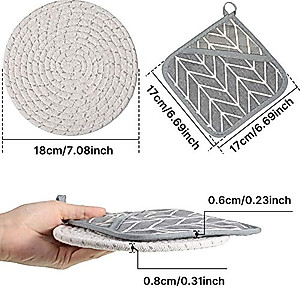 7 Pieces Square Pot Holders Washable Heat Resistant Pocket Mitt with Hanging Loop and Round Thread Weave Coaster Braided Drink Hot Pad Absorbent Woven Coaster for Kitchen Cooking Dinning