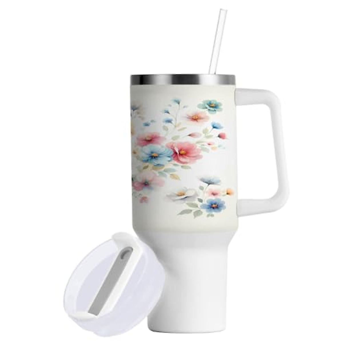Jihqo Watercolor Cute Flowers 40 oz Stainless Steel Vacuum Insulated Tumbler with Handle and Straw Lid Reusable Leakproof Water Bottle Double Wall Travel Mug Coffee Cup, Cupholder Friendly