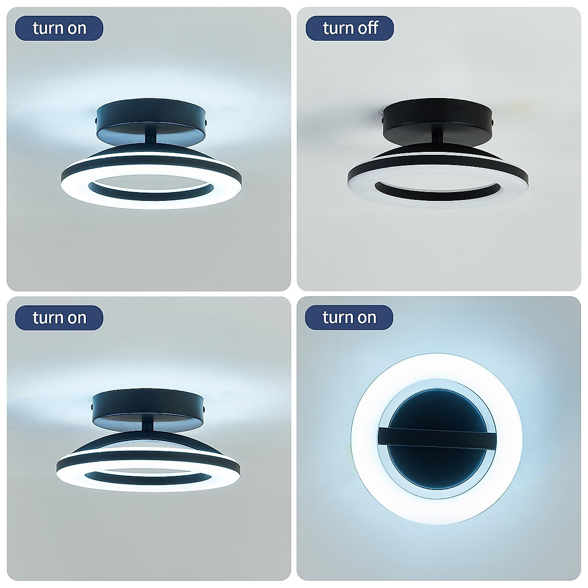 SHIKHO Modern Led Ceiling Light Fixture Black 7.7Inch Round Semi Flush Mount Ceiling Light 12W 6000K Indoor Small Ceiling lamp for Closet Hallway Bathroom Porch Bedroom Kitchen