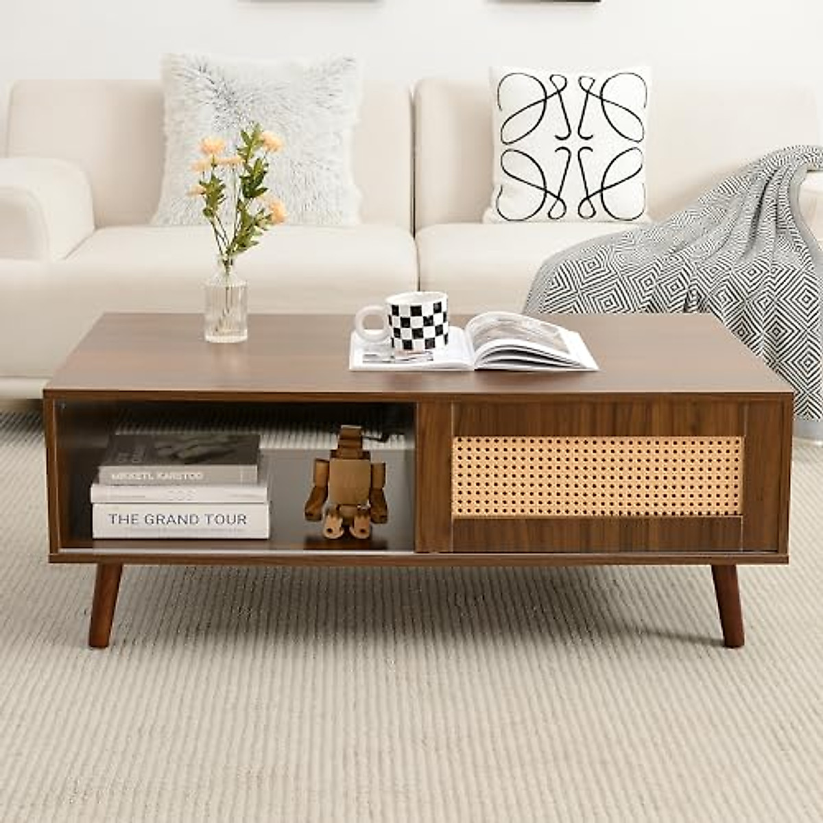 Ganooly Mid Century Modern Coffee Table with Storage, 43.3 Inch Rectangle Wooden Accent Center Table with Sliding PE Rattan Woven Door Panel and Solid Wood Legs, Suitable for Living Room, Apartment