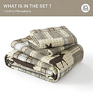 SahSahCasa Quilt Queen Size, 100% Cotton Quilt, Rustic Lodge Farmhouse Queen Quilt Bedding Set Bedspread, Reversible Lightweight Cabin Patchwork Plaid Comforter for Queen Bed, Brown/Cream, 3-Piece