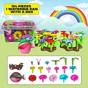 Liquidation! 105 Pcs Flower Garden Building Toys with Carrying Case and Watering Can, Build-A-Garden, Girls Gifts for Ages 3 4 5 6 7, Creative Toddler Stem Activities, Best Educational Kids Playset