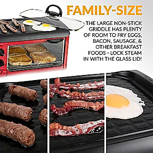 Nostalgia Retro 3-in-1 Family Size Electric Breakfast Station, Non Stick Die Cast Grill/Griddle, 4 Slice Toaster Oven, Coffee Maker, Red