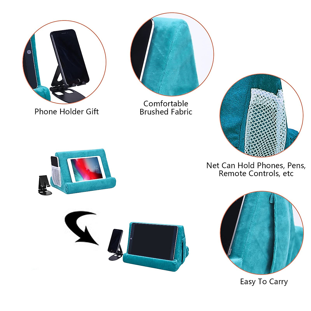 2pcs Multi-Angle Tablet Holder Cushion Stand with Net Pocket & Black Color Phone Stands Upgraded Tablet Pad Support for Phone,Pad,Books (Lakeblue)