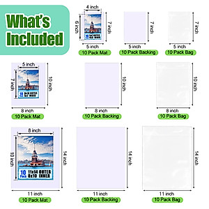 Tenceur 30 Sets Mixed Size Pre Cut Picture Mat Board Kit Includes 30 Picture Frame Mats White Core Bevel Cut Mattes 30 Backing Board 30 Clear Seal Bags for Photo Art Prints Artwork Certificate, 3 Size