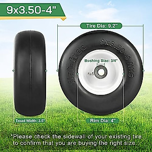 LotFancy 9x3.50-4” Flat Free Tire and Wheel, 2 PCS Lawn Mower Tire, 3/4" or 5/8" Bushings, 3.5"-4"-4.5"-5" Centered Hub, Smooth Tread Tire for Zero Turn Mowers