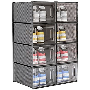 WAYTRIM Stackable Sneaker Storage Shoe Box, 8 Pack Foldable Shoe Box Clear Plastic Storage shoe drawers Shoe Container Drop Front Sneaker Organizer for Women Size 11 Sneaker Rack for Men,Black