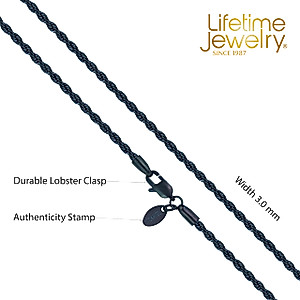 LIFETIME JEWELRY 3mm Rope Chain for Men & Women Diamond Cut Necklaces for Women & Men Necklace 14 to 36 Inch Black | Gunmetal | Stainless Steel (16 inches, Black)