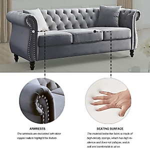 SZUBEE Modern 80" Chesterfield Grey Velvet, 3 Seater Sofa Tufted Couch with Rolled Arms,Nailhead andtwo Pillows for Living Room, Bedroom, Office, Apartment