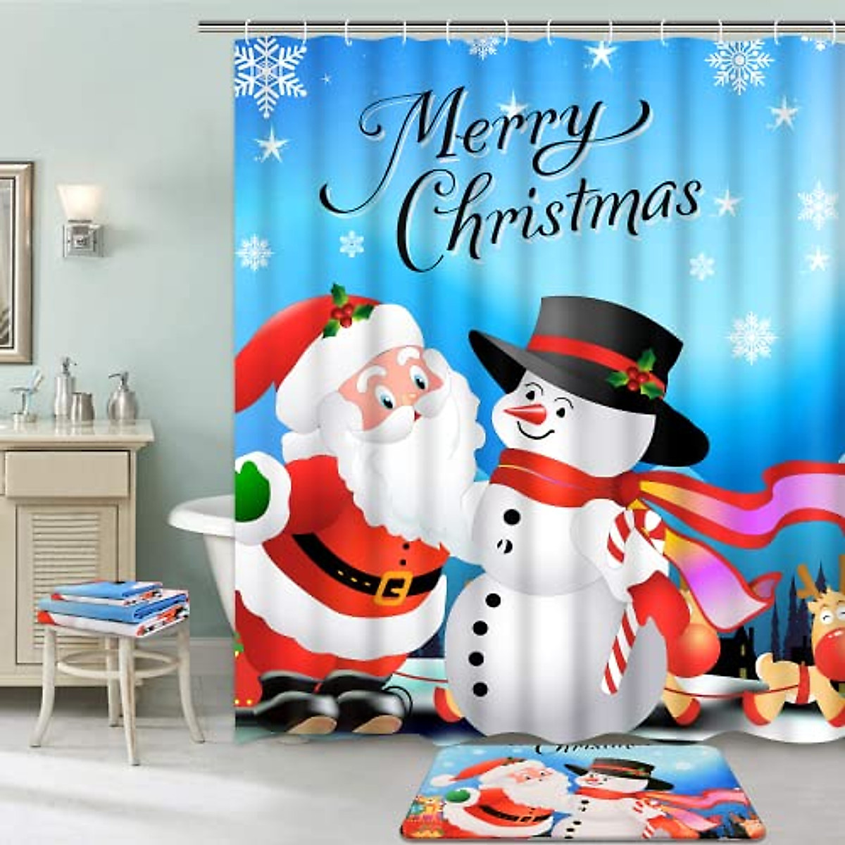 Likiyol 7 Pcs Christmas Shower Curtain Sets with Rugs and Towels, Include Non-Slip Rug, Toilet Lid Cover, Bath Mat and Towels, Santa Snowman Snowflake Shower Curtains with 12 Hooks