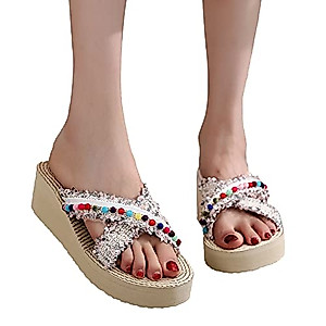 Beads Fashion Lacework Women's Shoes Heel Colorful Beach Shoes Slope Slippers Women Indoor Slippers Size 7