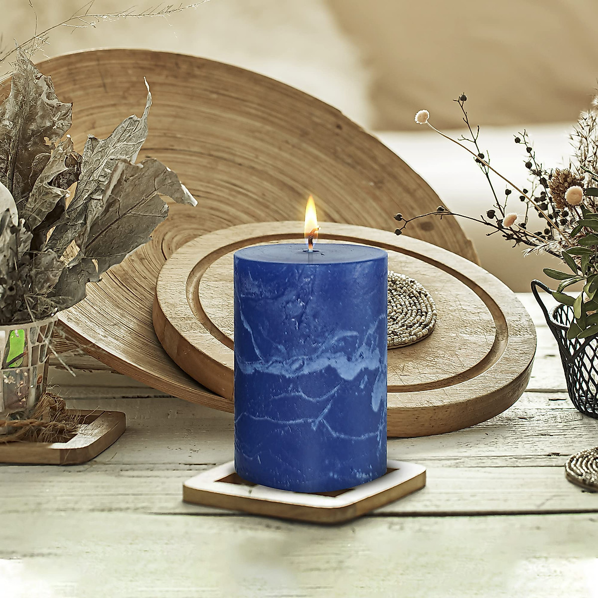 Simply Soson Blue Rustic Texture Pillar Candles 3x6 inch - Set of 3 - Unscented Decorative Blue Candles, No drip Candles, Ideal as Large Candles for Home Decor, Weddings, Holidays
