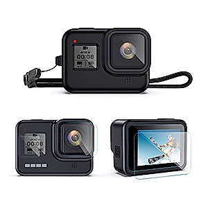 Accessories Kit for GoPro Hero 8 Black, Silicone Rubber Protective Case with Stretchable Lanyard + 6Pcs Ultra Clear Tempered Glass Screen Protector for Go Pro 8