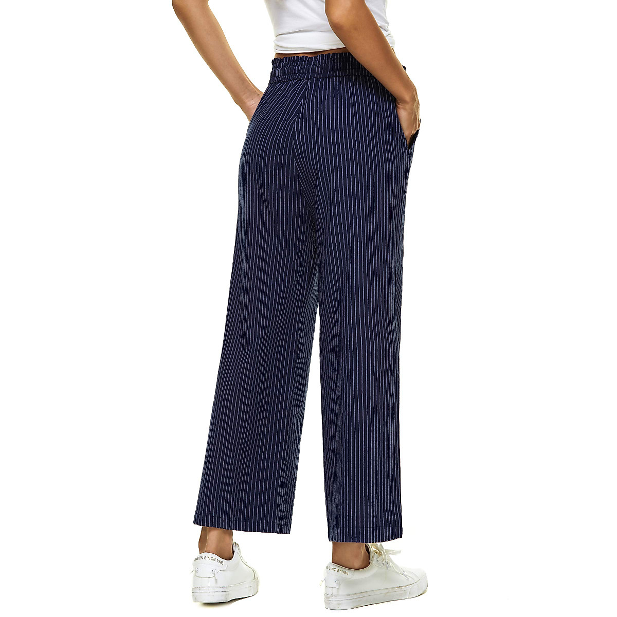 LNX Womens Linen Pants High Waisted Wide Leg Drawstring Casual Loose Trousers with Pockets (X-Large, Striped-Navy)