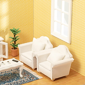 SAMCAMI Miniature Dollhouse Furniture 1 12 Scale - Wooden Dollhouse Furniture Set for Dollhouse Living Room - Doll House Furniture Incl Sofa, TV Cabinet, Coffee Table and Other Accessories (White)