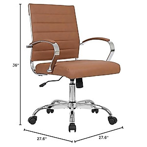 LANDSUN Home Office Chair Mid Back Desk Chair PU Leather Ribbed Executive Swivel Computer Chair with Wheels and Armrests Soft Padded Adjustable Height Conference Task Brown