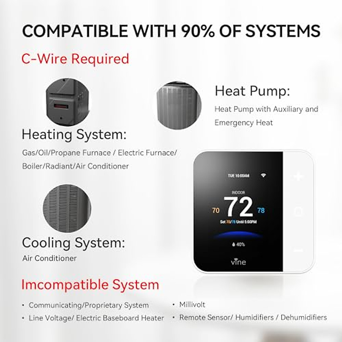 Vine Thermostat for Home with Touchscreen Color Display, WiFi Smart Thermostat Compatible with Alexa and Google Assistant, 7day/8period Programmable, Energy Saving, C-Wire Required, Screen Size 2.8"