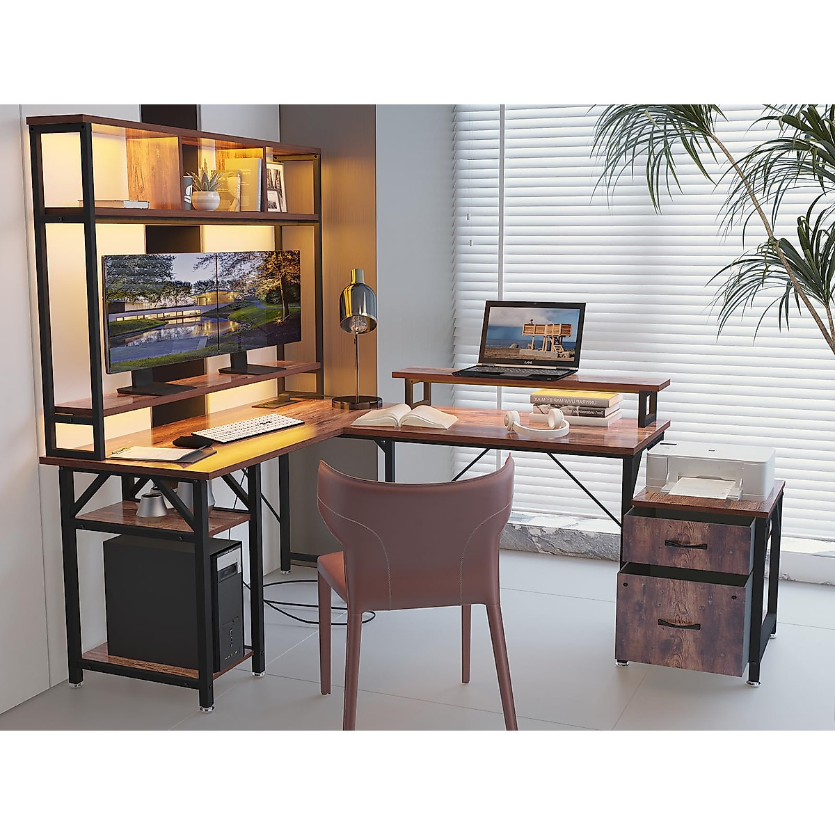 SZXKT L Shaped Desk with Drawers,Corner Desk with Storage,Gaming Desk with Power Outlet,L Desks for Home Office with Monitor Stand and LED Lights, Desk with Shelves and Bookshelf,Rustic Brown