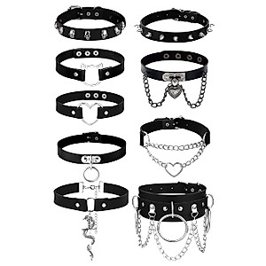 HAIAISO 6-9Pcs Leather Choker Black Punk Goth Choker Necklace Love Heart Spiked Choker Adjustable Pu Choker Collar for Women