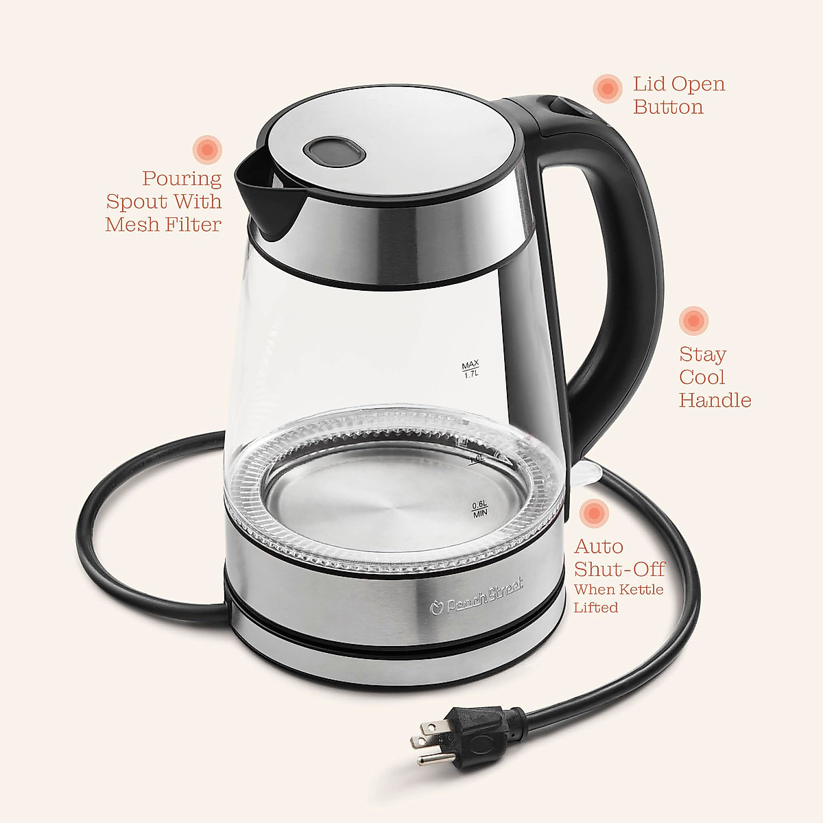 Speed-Boil Water Electric Kettle, 1.7L 1500W, Coffee & Tea Kettle Borosilicate Glass, Wide Opening, Auto Shut-Off, Cool Touch Handle, LED Light. 360° Rotation, Boil Dry Protection