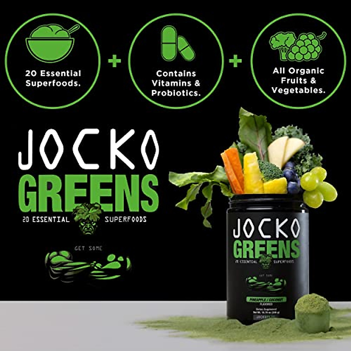 Origin Jocko Greens Powder - Greens & Superfood Powder for Healthy Green Juice - Keto Friendly with Spirulina, Chlorella, Digestive Enzymes, & Probiotics - 30 Servings (Pineapple/Coconut Flavor)