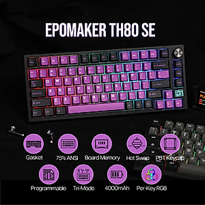 EPOMAKER TH80 SE Gasket 75% Mechanical Keyboard, NKRO Hot Swappable RGB 2.4Ghz/ Bluetooth 5.0/ Wired Gaming Keyboard with Poron/EVA Foam, 4000mah Battery (Black Purple, Budgerigar Switch)