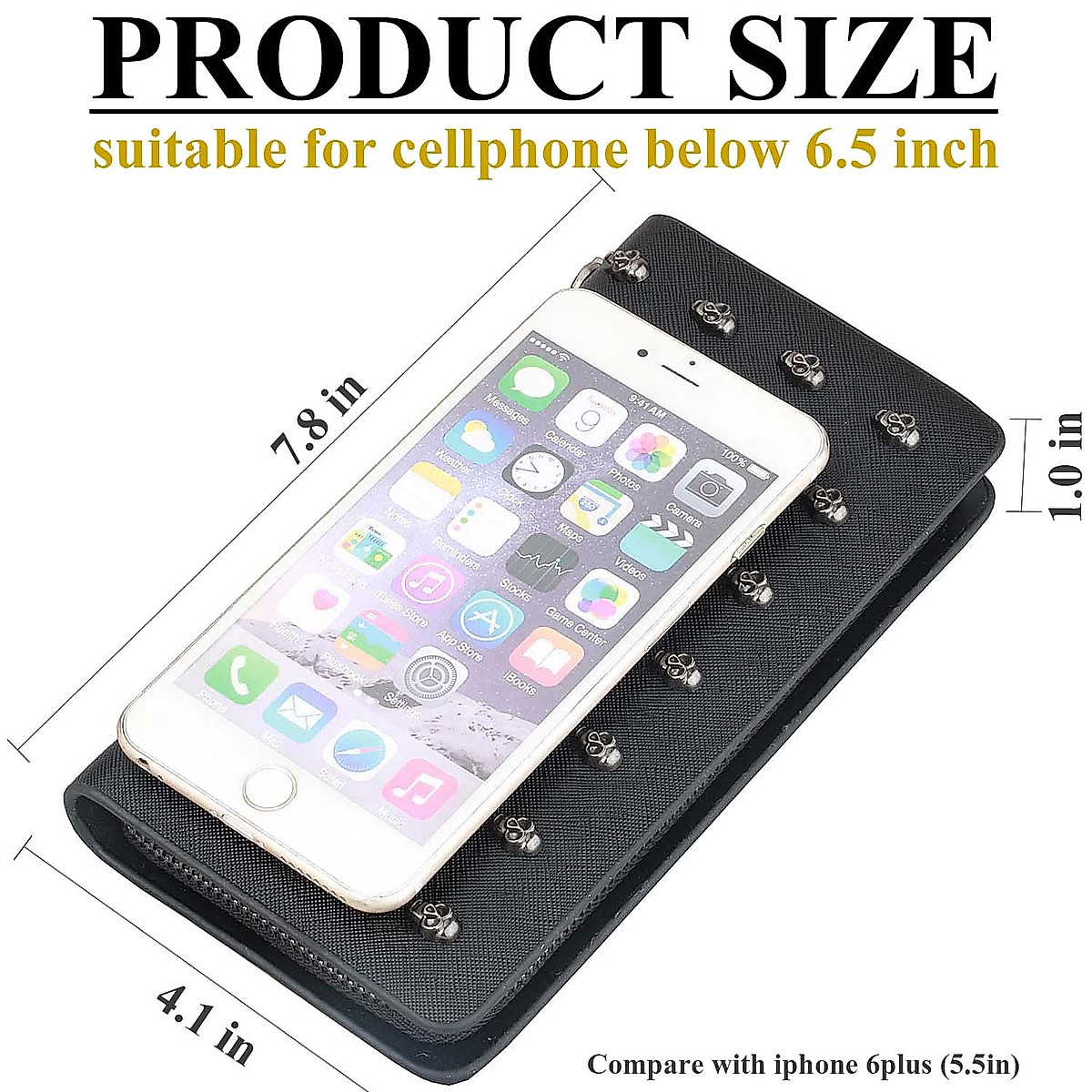 Women's Wallet Large PU Leather Clutch Purse Punk Studded Skull Ladies Wallet Credit Card Holder Organizer Wristlet (Skull)