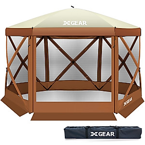 XGEAR 6 Sided Pop Up Camping Gazebo 11.5’x11.5’ Instant Canopy Tent Sun Shelter Screen House with Mosquito Netting, for Patio, Backyard, Outdoor,Brown