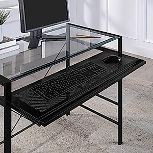 OSP Home Furnishings Zephyr Computer Desk with Keyboard Shelf and Tempered Glass Top, Clear Glass and Black Frame, 36" W x 20" D x 30.25" H