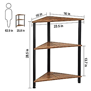 melos Corner Shelf, 3 Tier Corner Bookshelf Bookcase, Freestanding Corner Shelf Stand, for Bedroom, Living Room, Bathroom, Entryway, Office, Kitchen, Small Space(16"/Lx16/W x 28.5"/H-Rustic Brown)