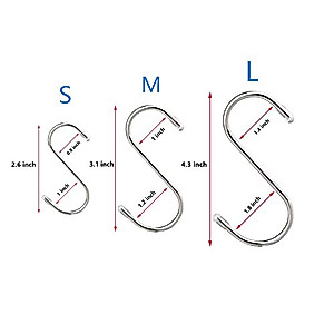 S Shaped Hooks Stainless Steel Metal Rubber Caps Head Hanging Hangers Hooks for Home Kitchen Bathroom Bedroom Office, 30 Pack 3 Sizes (S+M+L, Each 10 Pack）