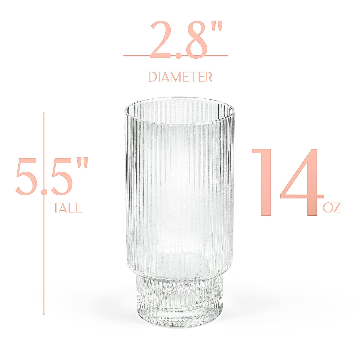 Vintage Art Deco Collins Ribbed Cocktail Glasses | Set of 4 | 14 oz Crystal Highball Glassware for Drinking Mojito, Tom Collins, Classic Hi Ball Bar Drinks | Skinny Tall Barware Tumblers