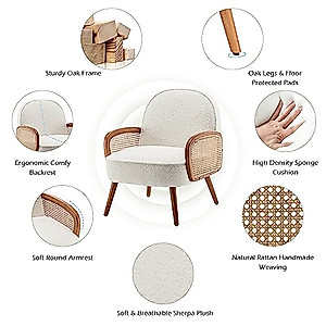 SHINEBOOM Accent Chairs Rattan Comfy Upholstered Modern Arm Chair for Living Room Reading Bedroom Balcony Sherpa Plush Chair, White
