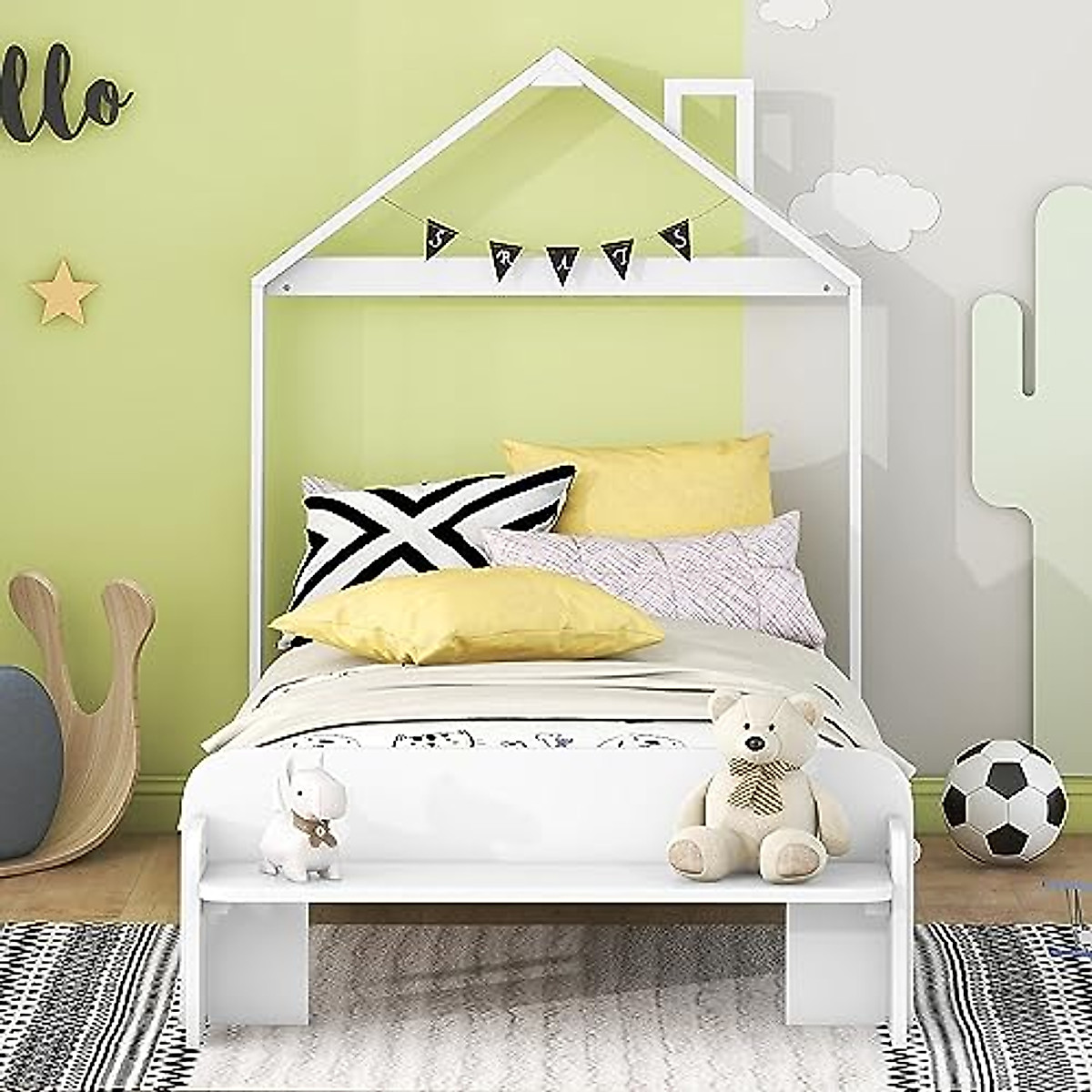 Twin Bed Frames with Headboard and Footboard Bench, Twin Bed Frame with House Shaped Headboard and Chimney, Twin Bed Frames for Kids, Girls Boys, No Box Spring Needed(White)