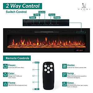 Naomi Home Kimball Electric Fireplace, Recessed & Wall Mounted Electric Fireplace, Remote Control with Timer, 9 Adjustable Color, WiFi Black/60 inches