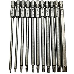 YDLQWCZ Long Torx Security Head Screwdriver Drill Set 1/4 Inch Hex Shank T6 T7 T8 T9 T10 T15 T20 T25 T27 T30 T40 11 Pieces 4 Inch Length S2 Steel Torx Screwdriver Bit Set (11pcs Torx Head 100mm)