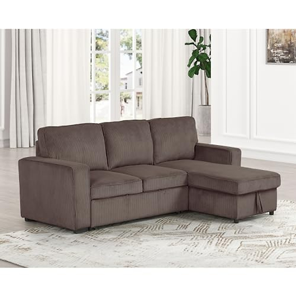 Furniture of America Denoon Modern Corduroy Sectional Sleeper Sofa with Pull Out Bed and Storage Chaise, Modular L Shaped Couch, Convertible Sofabed, Comfy Couches for Living Room, Bedroom, Brown