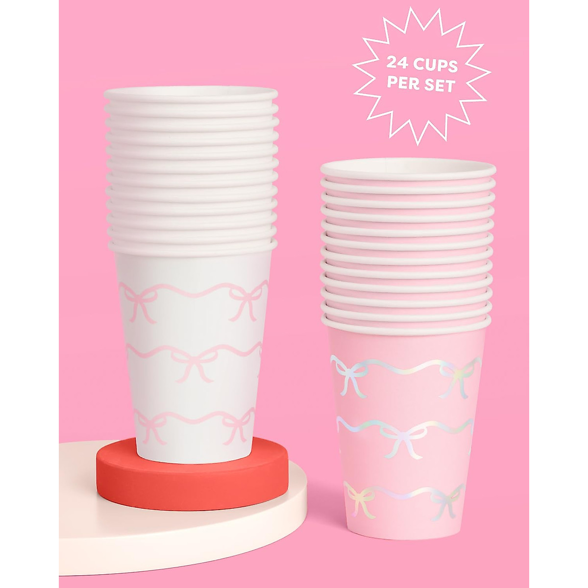 xo, Fetti Party Decorations Bow Paper Cups - 24 Disposable 14 oz Foil Cups | Pretty Bachelorette Decorations, Bow Theme Birthday Party, Bridal Engagement Drinkware, Coquette Cute Supplies