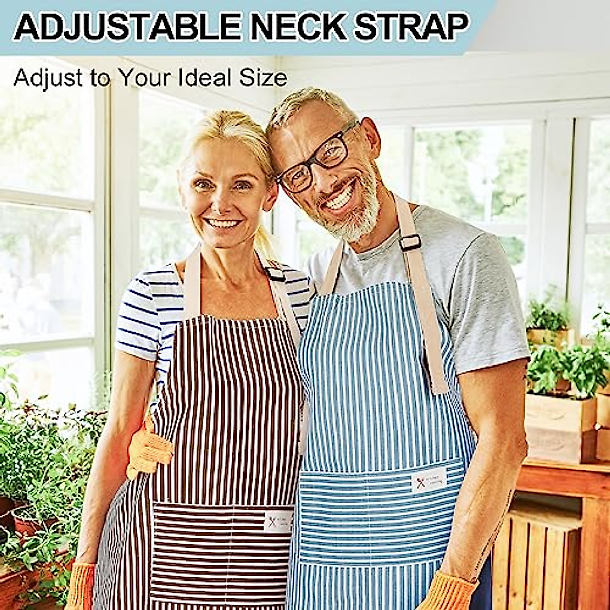 Janmercy 24 Pcs Aprons for Women Men with 2 Pockets Linen Cooking Kitchen Apron Adjustable Bib Chef Apron Bulk Aprons Unisex (Brown/Blue Stripes)