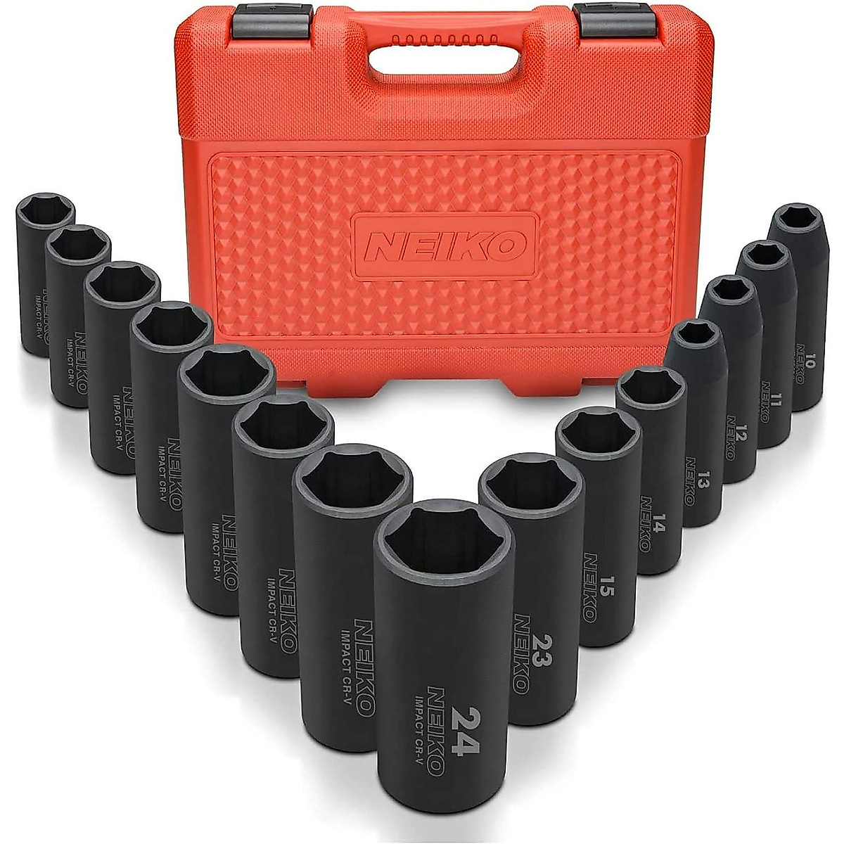 NEIKO 02474A 1/2" Impact Socket Set, 15 Piece Metric Socket Set 10-24 mm, Deep Sockets, 6 Point, 1/2” Drive Sockets for 1/2" Impact Wrench, Chrome Vanadium Cr-V