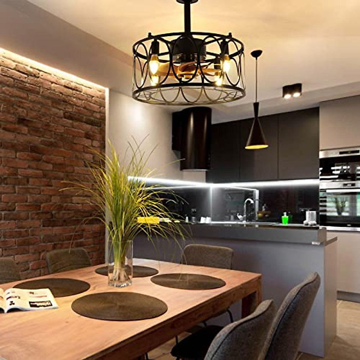 CLAIRDAI Black Caged Ceiling Fans with Lights Remote Control 18In Low Profile Flush Mount Ceiling Fan Reversible Motor Farmhouse Ceiling Fan Fandelier for Bedroom Living Room Dining Room