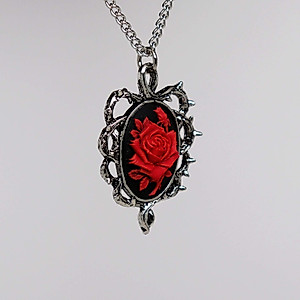 Gothic Red Rose Cameo In Thorns Pendant Necklace